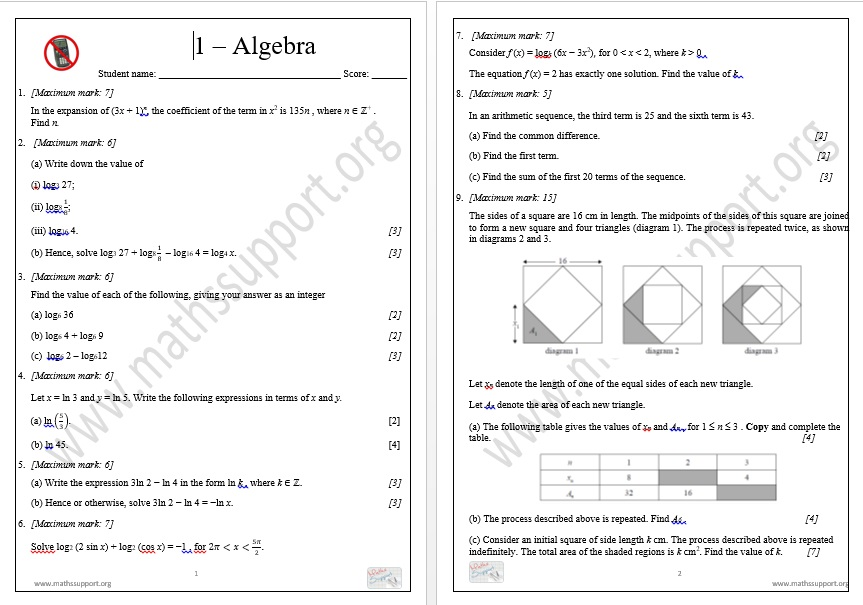 IBSL Topic 1 - Algebra - Non-Calculator questions. - Payhip